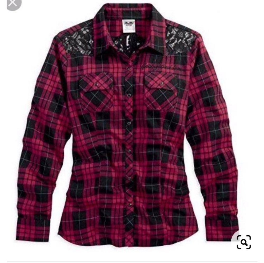 Harley Davidson Flannel Plaid W/ Lace Detail Shirt - Gem